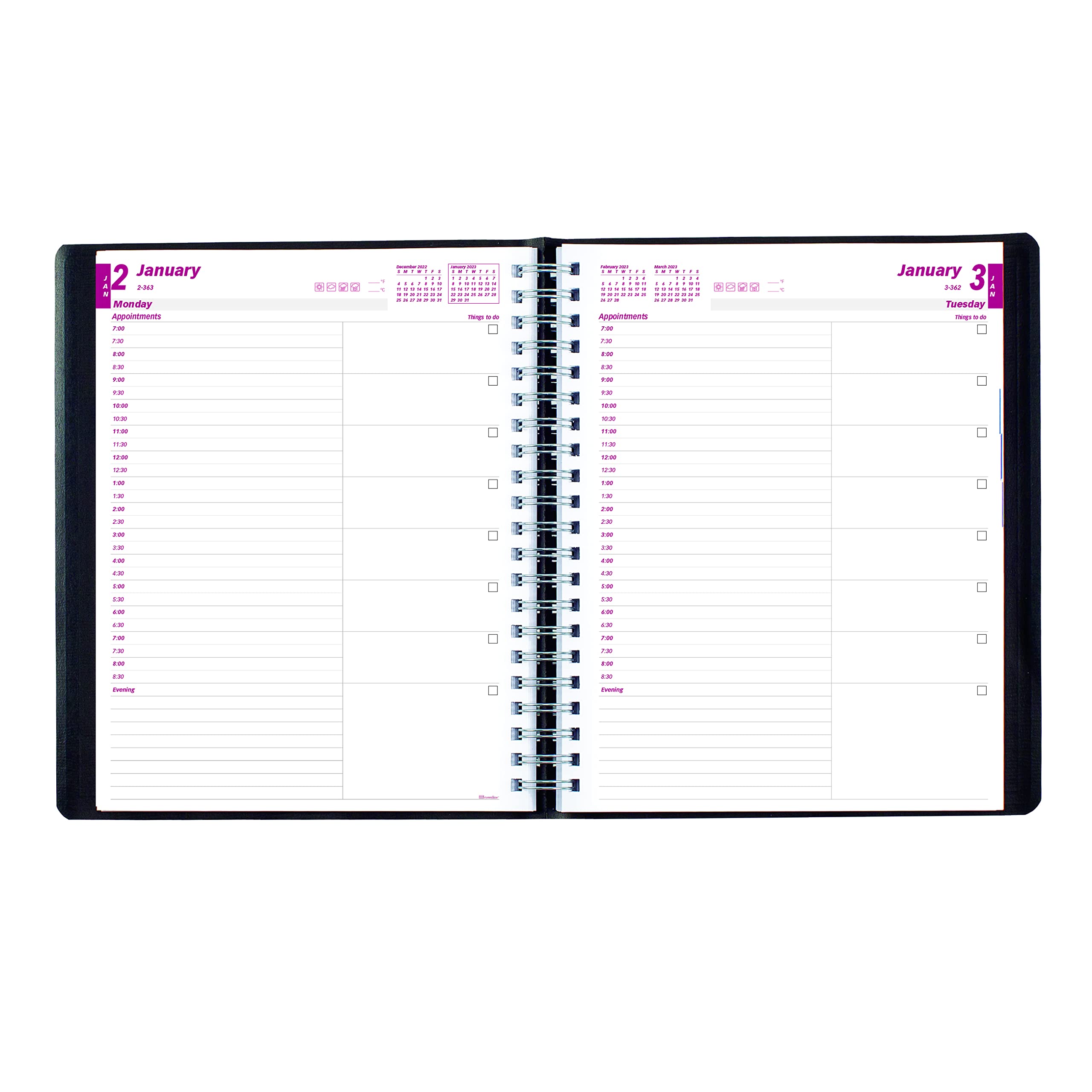 Brownline 2023 Essential Daily Planner, Appointment Book, 12 Months, January to December, Twin-Wire Binding, 11" x 8.5", Black (CB965.BLK-23)