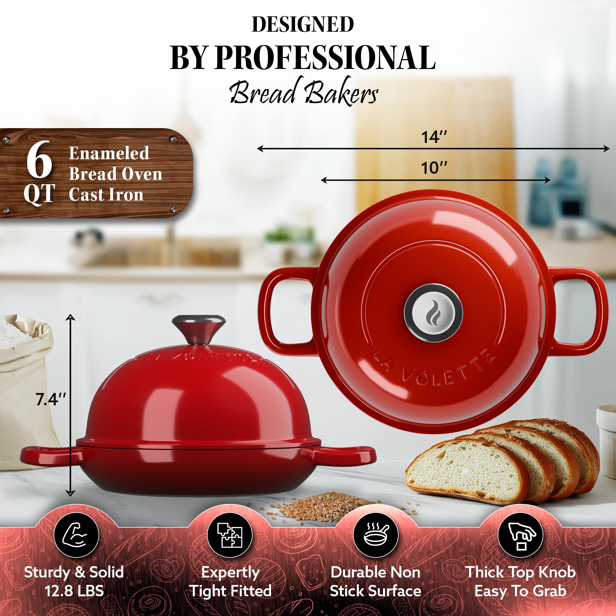 Enameled Cast Iron Bread Pan With Lid 9 Piece Complete Bread Baking Set | Dutch Oven for Bread Baking | 10 Inch Bread Oven with Lid | Thick Enamel | Silicone Baking Mat | Banneton | 6 Quart (Blue)