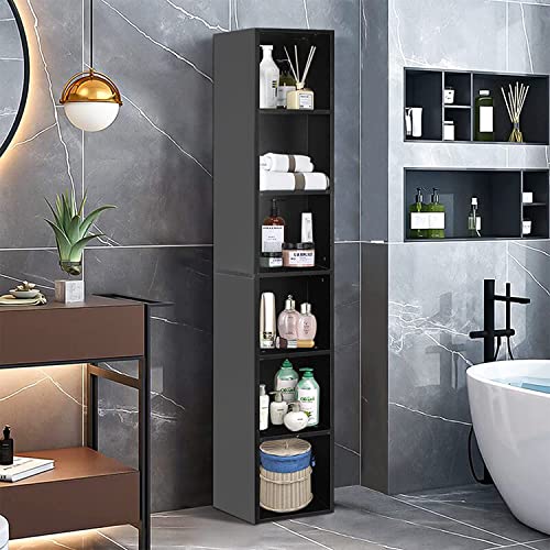 HOFFREE 6-Tier Narrow Bookcase Tall Wood Bookshelf Cabinet Cube Organizer Book Shelves Display Storage Shelves Rack for Small Spaces Home Office Living Room - Black