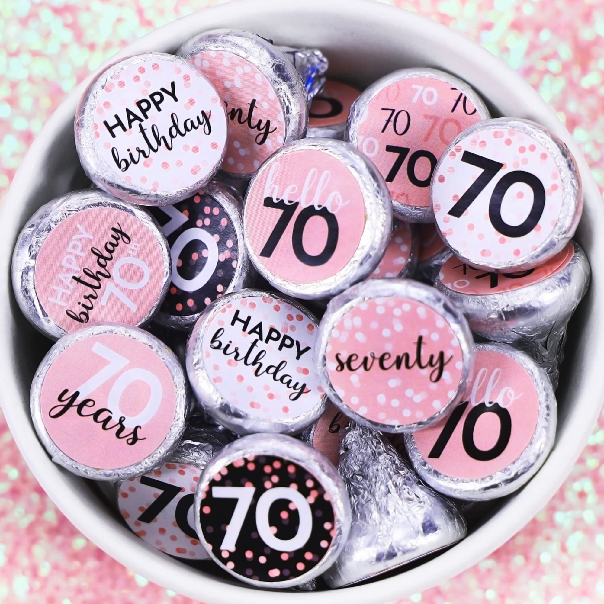 Pink, Black, and White 70th Birthday Party Favor Stickers, Chocolate Kisses Candy Stickers - 180 Count - 70th Birthday Decorations