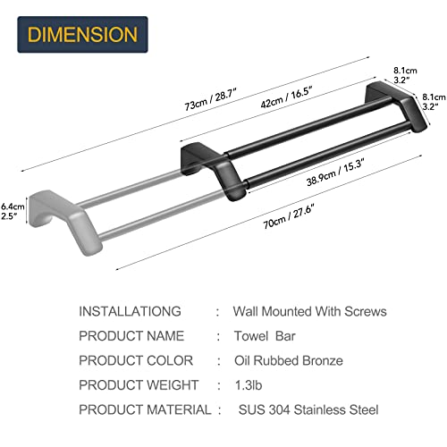 Hoimpro Adjustable 13.9-25.3 Inches Double Bath Towel Bar for Bathroom SUS304 Stainless Steel Towel Holder, Hotel Style Wall Mount with Screws Hand Towel Bar,Towel Rack Rod Hanger, Matte Black