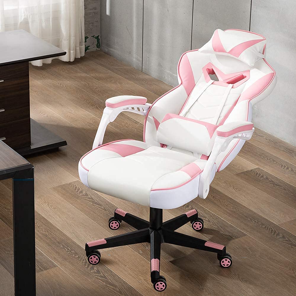 Bonzy Home Gaming Chair Office Chair High Back Computer Chair PU Leather Desk Chair PC Racing Executive Ergonomic Adjustable Swivel Task Chair with Headrest and Lumbar Support (Pink)