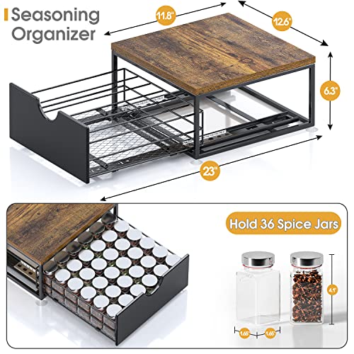 FOOZOUP Pull Out Spice Rack Organizer for Countertop Cabinet with Wood Shelf,Drawer Metal Pull Down Spice Drawer Can Hold 36 Jars