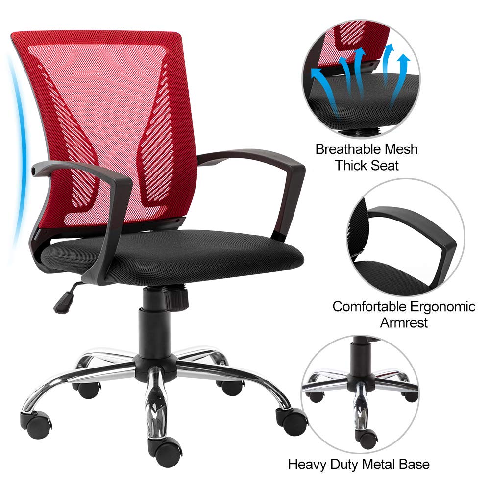 Bonzy Home Mid Back Office Chair - Lumbar Support Computer Chair - Ergonomic Mesh Desk Chair - Modern Adjustable Rolling Swivel Chair (Red & Black)