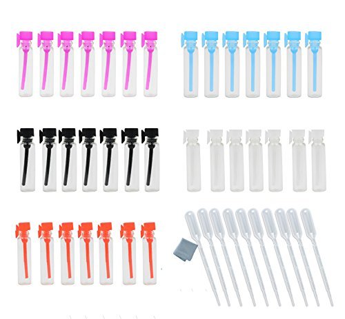 Elfensatll- 100PCS 1ml 1/4 Dram Empty Glass Perfume/Cologne Sample Vials with 0.5ml 10pcs Droppers Samplers for Essential Oils Aromatherapy Colorful caps with Clean Cloth