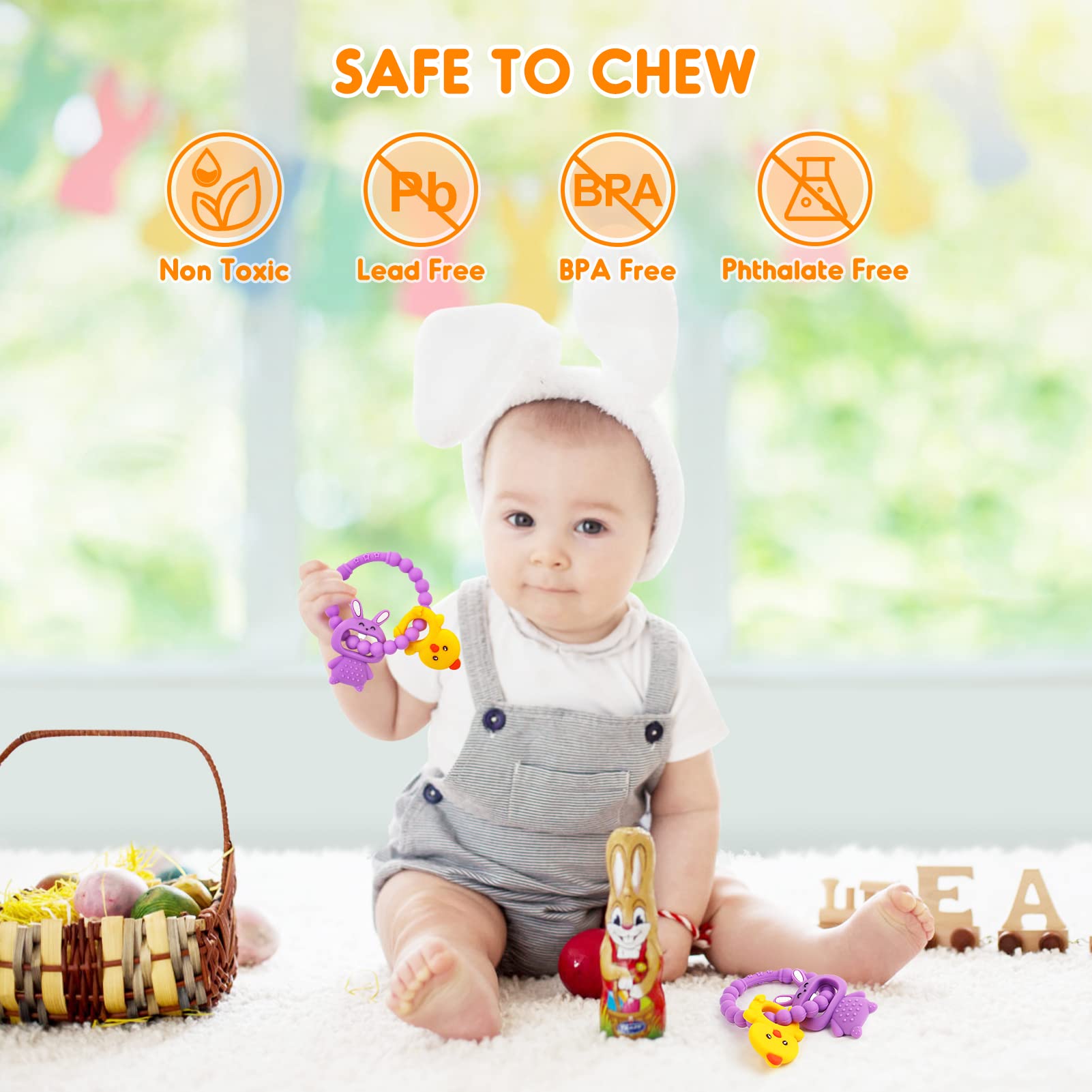 Bunny Easter Teething Toys for Baby 3-6 Months Soft & Easy Grip Silicone Baby Easter Basket Stuffers Infant Teething Toys Relief Chocking-Proof Gifts Boys Girls
