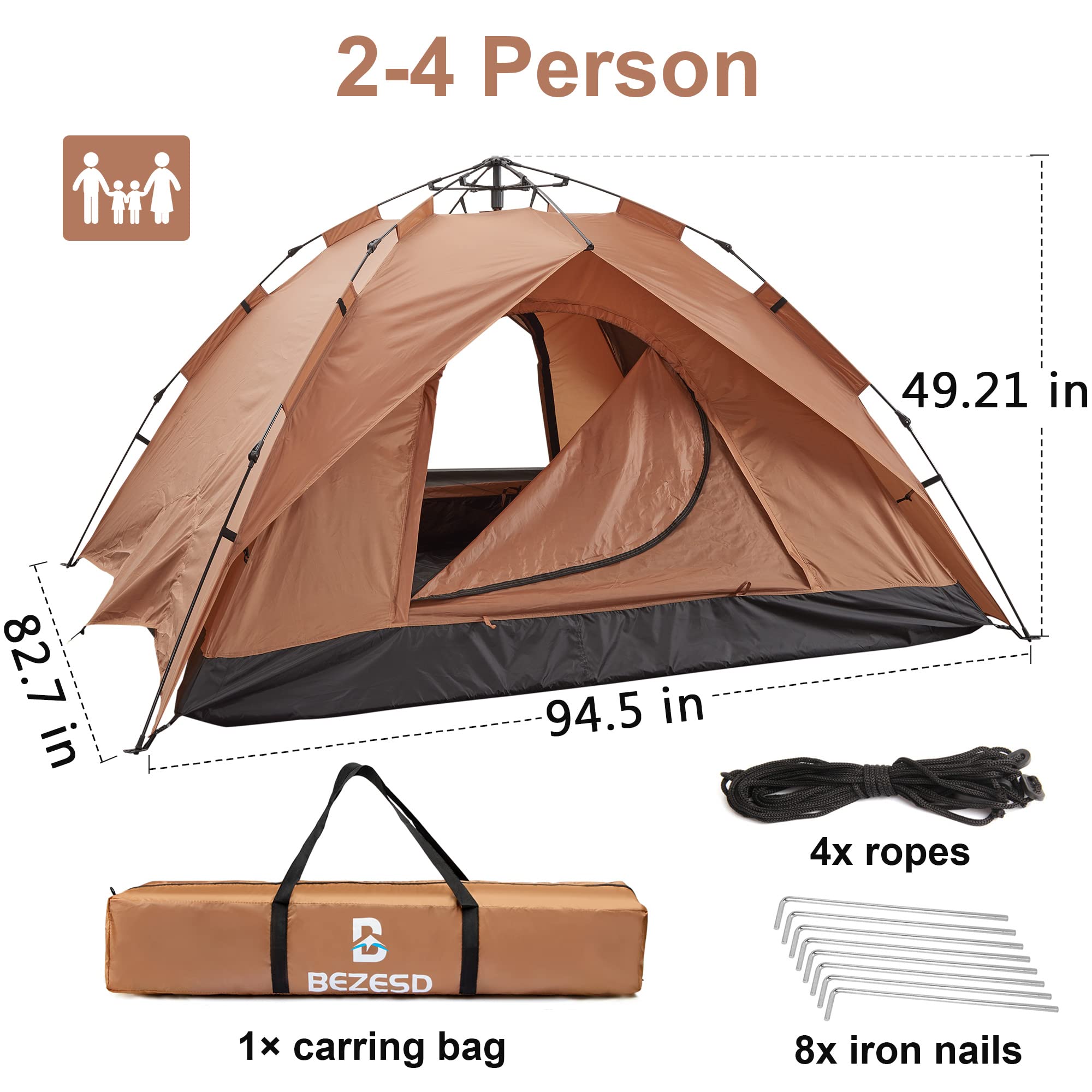 BEZESD Pop Up Tents for Camping, 2-4 pepole Automatic Instant Camping Tents Double-Layer Waterproof Sun Shelter Portable Tent with Carrying Bag for Camping Hiking Mountaineering