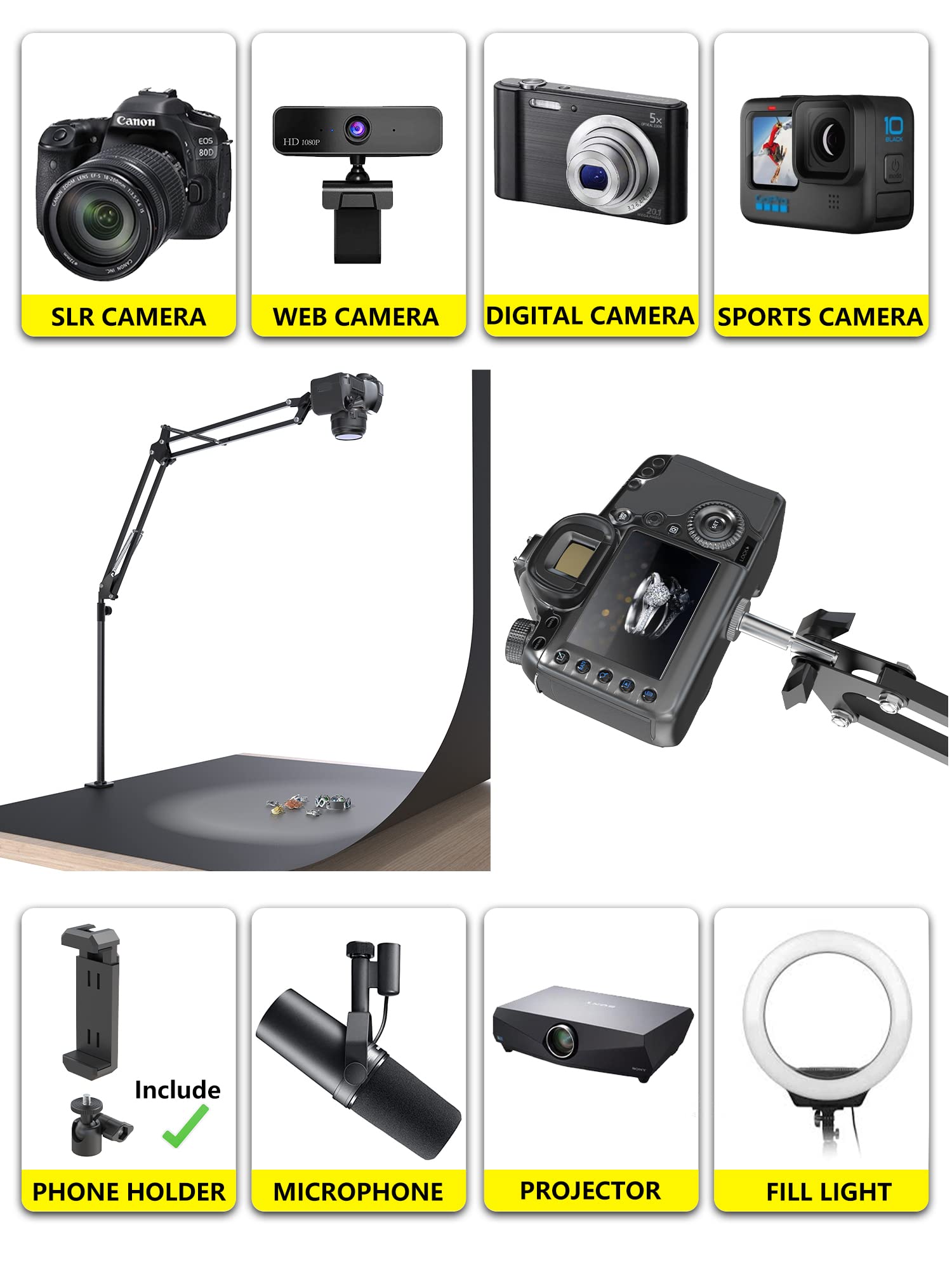 CACENCAN Overhead Camera Mount, 5lb Horizontal Load-Bearing, 360° Adjustable Camera Stand for Desk, Flexible Camera Arm Desk Mount, with Phone Clamp, Tabletop Mount for DSLR Camera/Webcam/Microphone