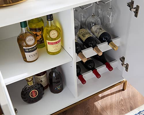 Home Source 31.5'' White Modern Bar Cabinet, Wooden Double Door Cabinet with Half Moon Handles, Storage Cabinet with Wine Rack, Solid Metal Legs, Spacious Counter Top