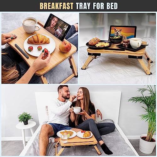 Foldable Laptop Bed Desk with Mouse Pad, Adjustable Folding Bamboo Tray Lap Stand Table for Work Breakfast College Students - Fits up to 17 Inch Laptops