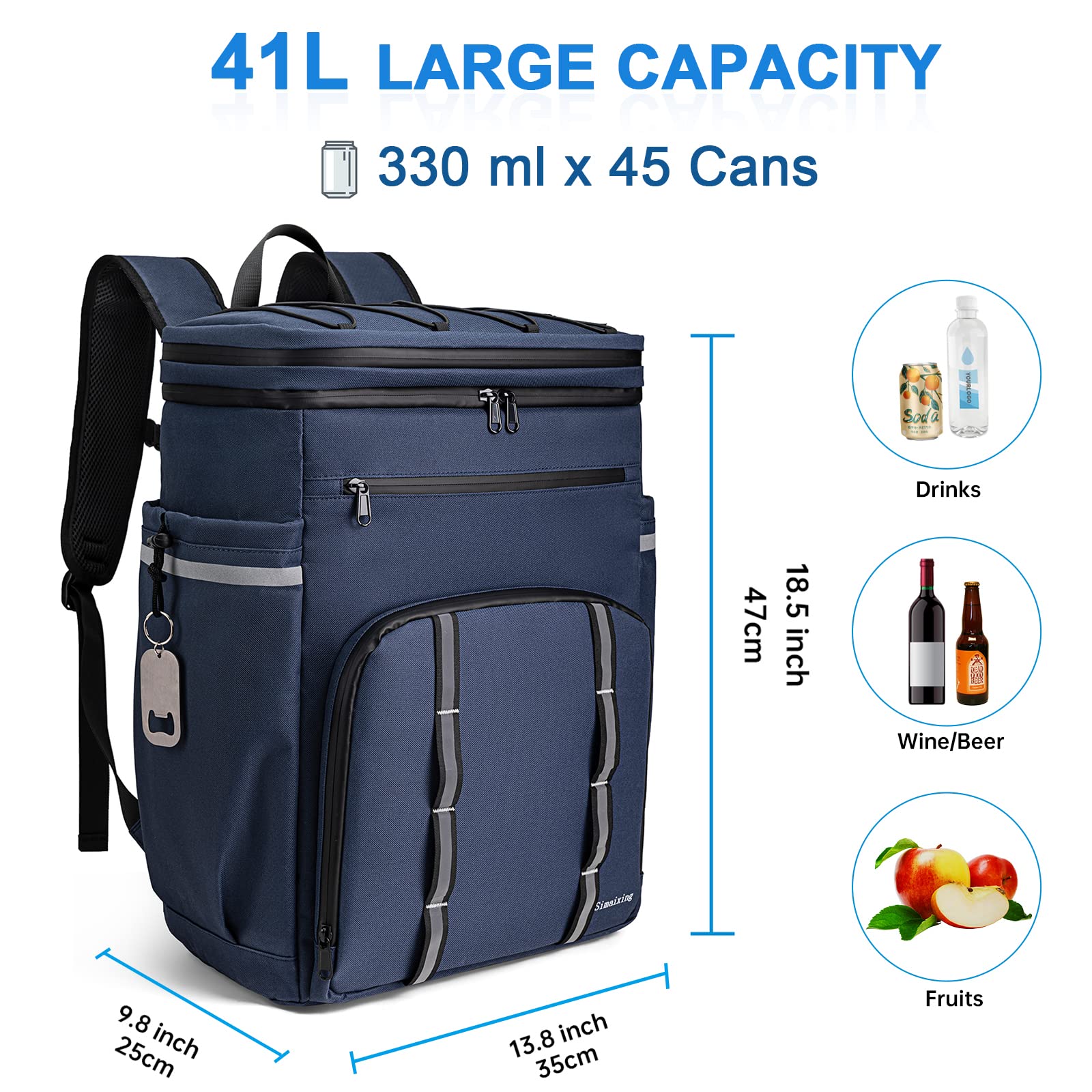 Backpack Coolers Insulated Leak Proof, 45 Cans Beach Cooler, Large Capacity, Ice Chest Backpack, Waterproof Soft Cooler Bag for Lunch for Men Women Camping Hiking (Navy Blue)