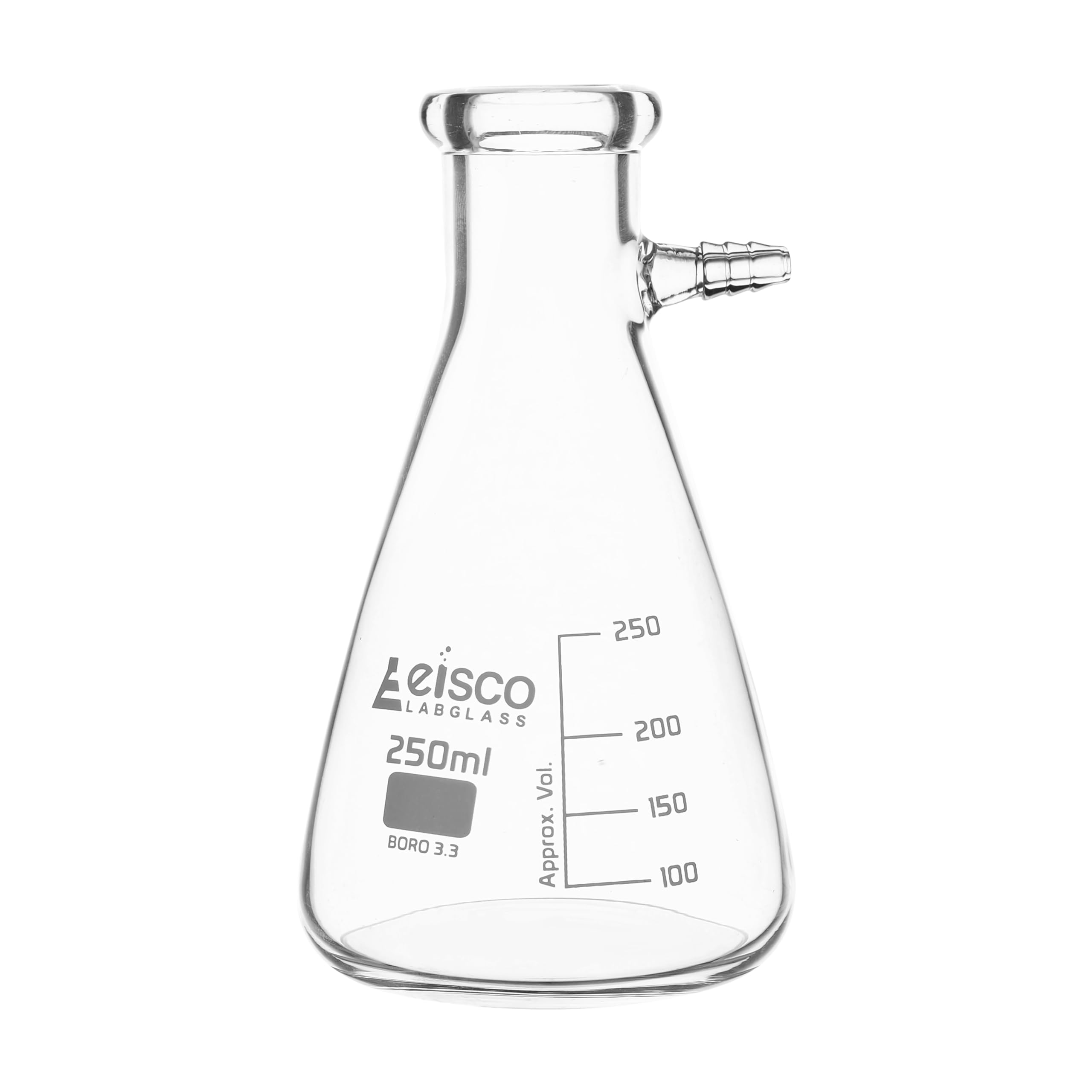 EISCO Filtering Flask, 250mL - Borosilicate Glass - Conical Shape, with Integral Side Arm - White Graduations