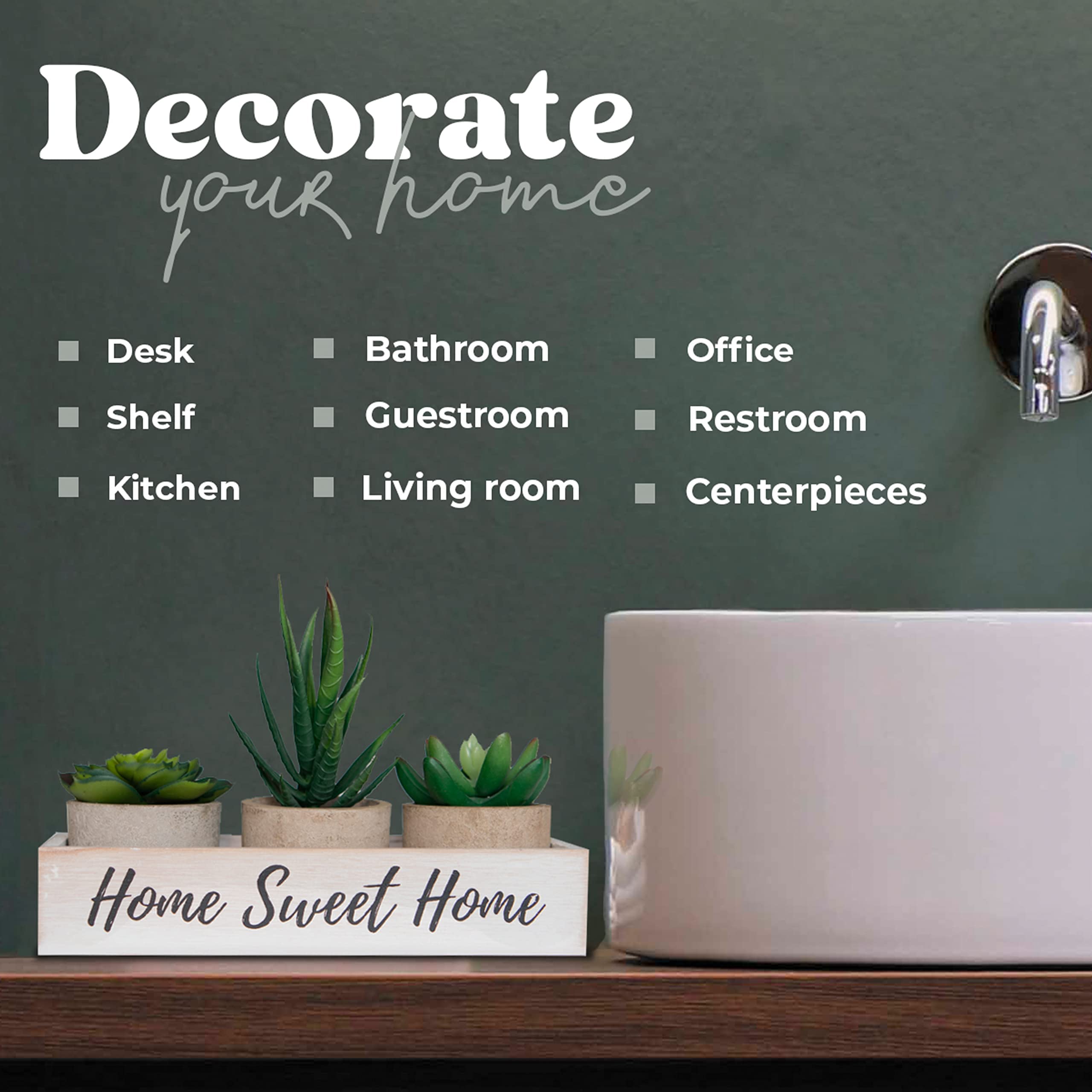 Artificial Succulent Plants with Pots with White Planter Box Home Sweet Home Live Laugh Love Realistic Greenery Mini Faux Plant Arrangements for Home Decor Office Table Bathroom Kitchen Dorm