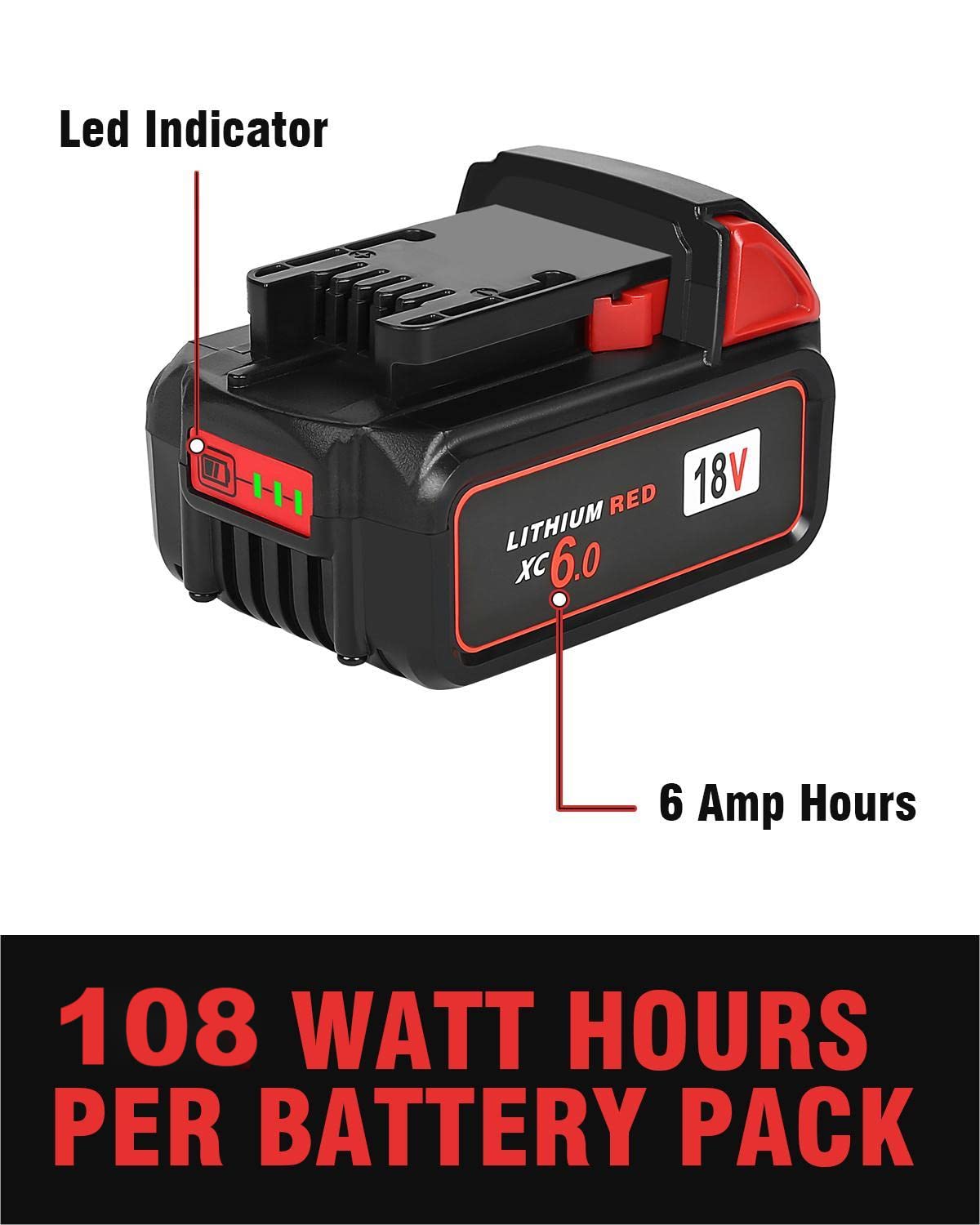 Bslite 2Packs Replacement for Milwaukee M18 Battery 6.0Ah 48-11-1862 Compatible with Milwaukee M18 Battery Tools and Charger(Black)