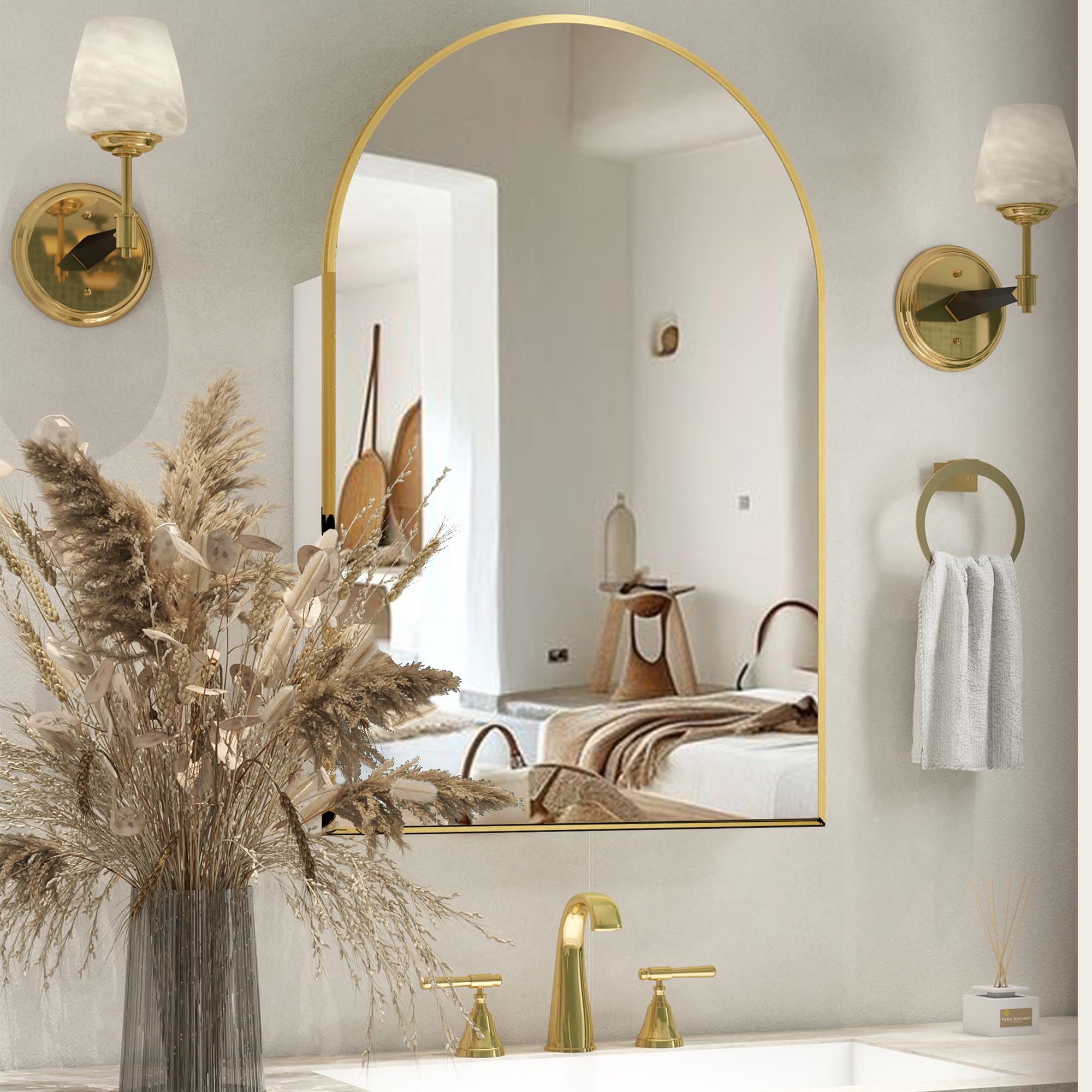Black Medicine Cabinet with Mirror, Bathroom Arched Medicine Cabinet Wall Mounted, Modern Vanity Mirror with Storage, Mirrored Cabinet with Adjustable Shelves, Not Recessed, 24x36 Inch
