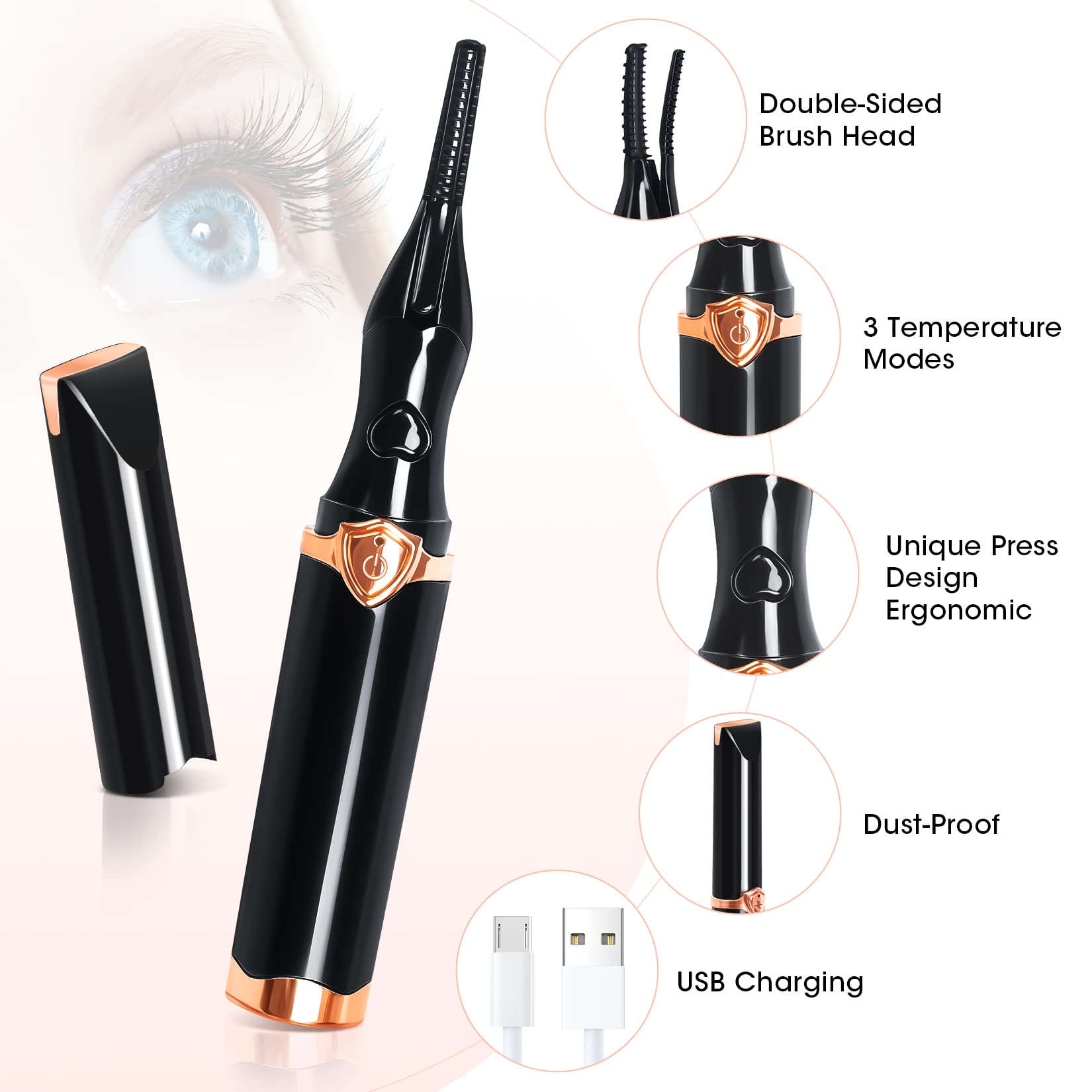 Buqikma Heated Eyelash Curlers Electric Eyelash Curler 3 Temp Modes 2in1 Clip-Type Eyelash Curlers with Built-in Comb Rechargeable Heated Lash Curler for Quick Heatin Lashes Curl Tool Long Lasting