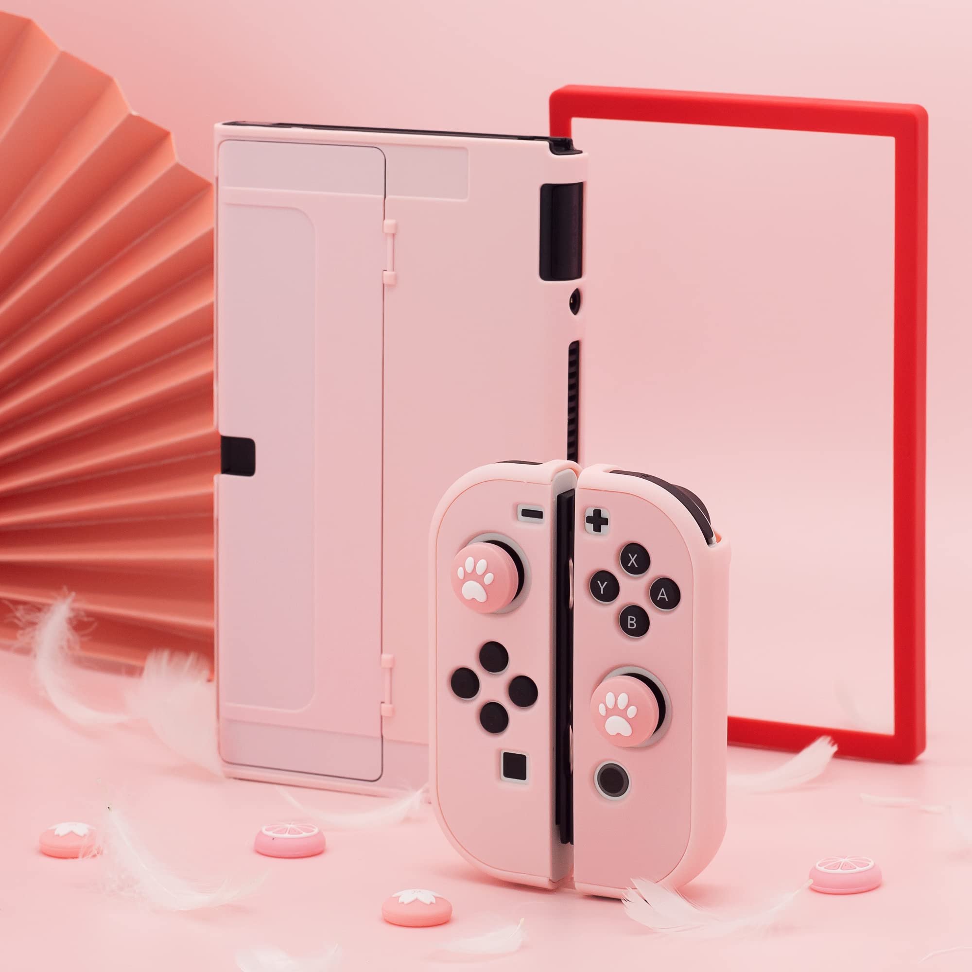 BRHE Cute Dockable Case Compatible with Nintendo Switch OLED 2021 [New Upgrade] Protective Grip Skin Cover with Tempered Glass Screen Protector and Thumb Stick Caps (Pink)