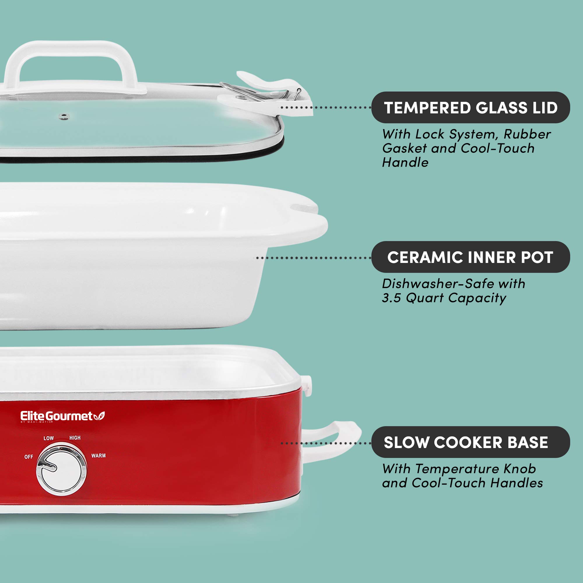 Elite Gourmet MST-5240 Casserole Crock Slow Cooker, Locking Lid Adjustable Temperature Keep Warm Oven & Dishwasher-Safe Casserole Pan, 3.5Qt Capacity, Red