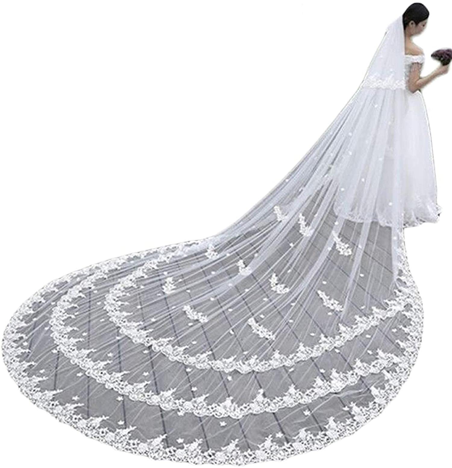 Weddings Veils 2 Tier Long Cathedral Length Lace Appliques Flowers Bridal Veil with Comb White Ivory