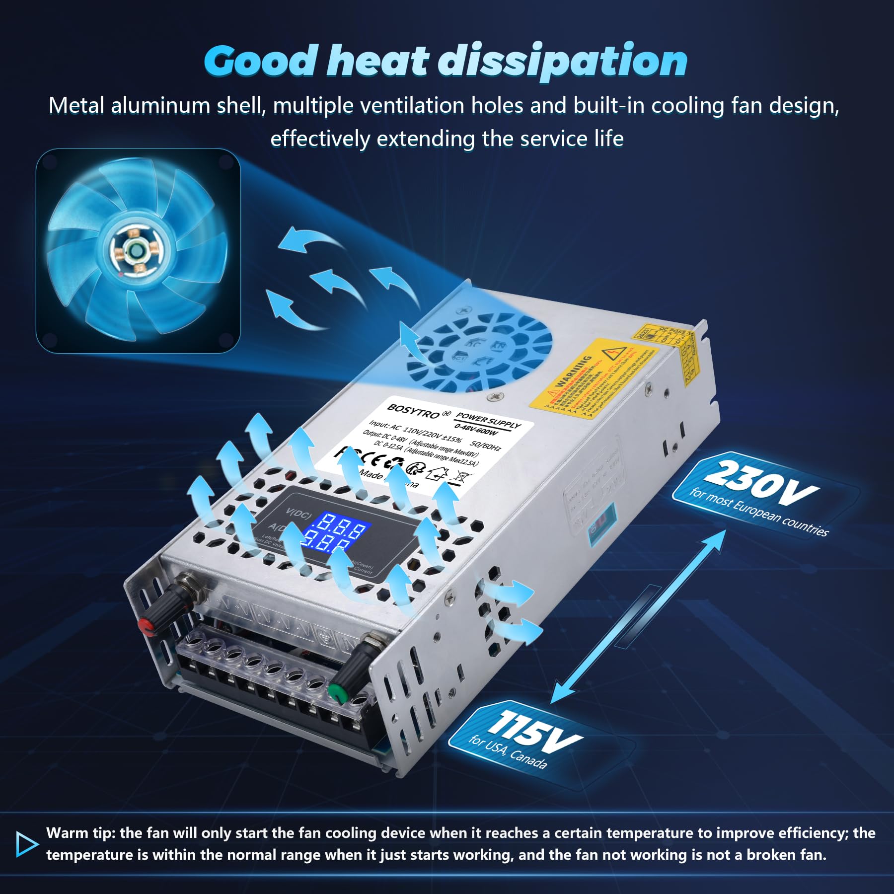 BOSYTRO 48V Adjustable dc Power Supply 600W,Switching Power Supply AC 110V/220V to DC 0-48V DC Converter with LED Digital Display, 5V 24V 36V Buck Converter for Dimmable LEDs,3D Printer,Computer Lab