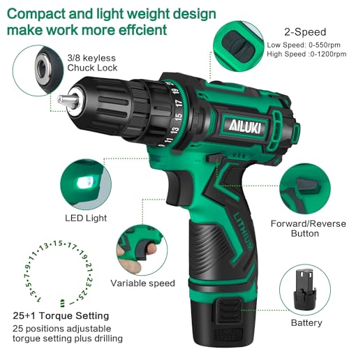 Cordless Drill Driver Kit,67Pcs 12V Drill Set Lithium-Ion Battery,Magnetic Wristband Brushes Tape Measure,Max Drill 280 In-lb Torque,3/8'' Keyless Chuck,25+1 Metal Clutch and Built-in LED