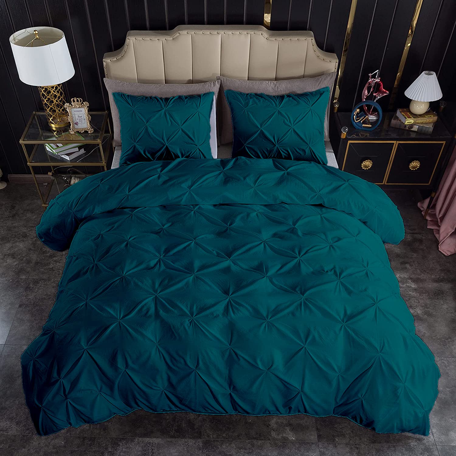 Good Night Bedding Duvet Cover Set - Pinch Pleated 5 Piece Duvet Cover Set 100% Cotton 800 Thread Count with Zipper & Corner Ties Tuffed Pattern Pintuck Decorative (Full/Queen, Teal) Duvet Set