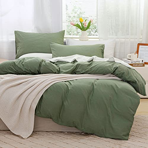JELLYMONI Green 100% Washed Cotton Duvet Cover Set, 3 Pieces Luxury Soft Bedding Set with Zipper Closure. Solid Color Pattern Duvet Cover Queen Size(No Comforter)
