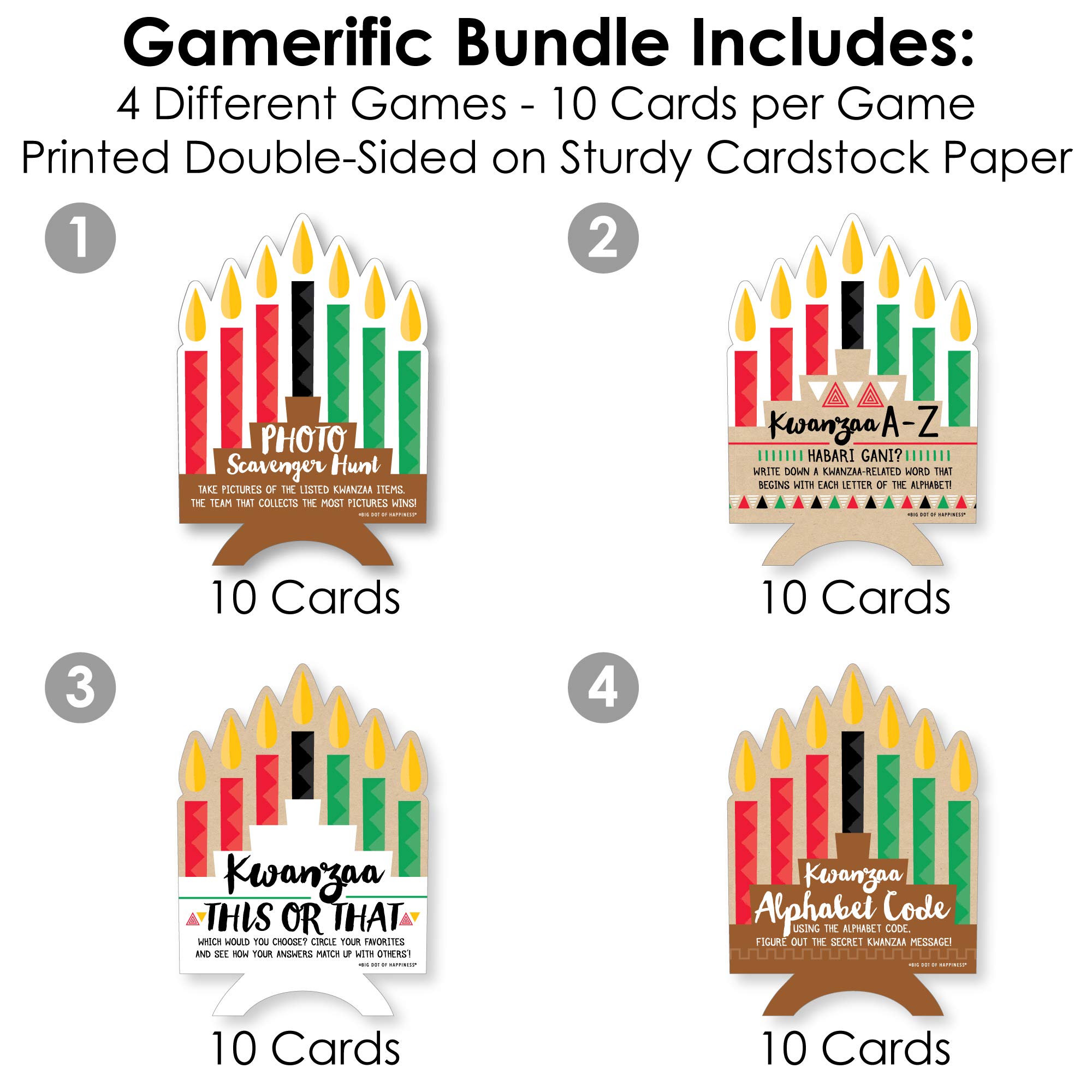 Big Dot of Happiness Happy Kwanzaa - 4 African Heritage Holiday Games - 10 Cards Each - Gamerific Bundle