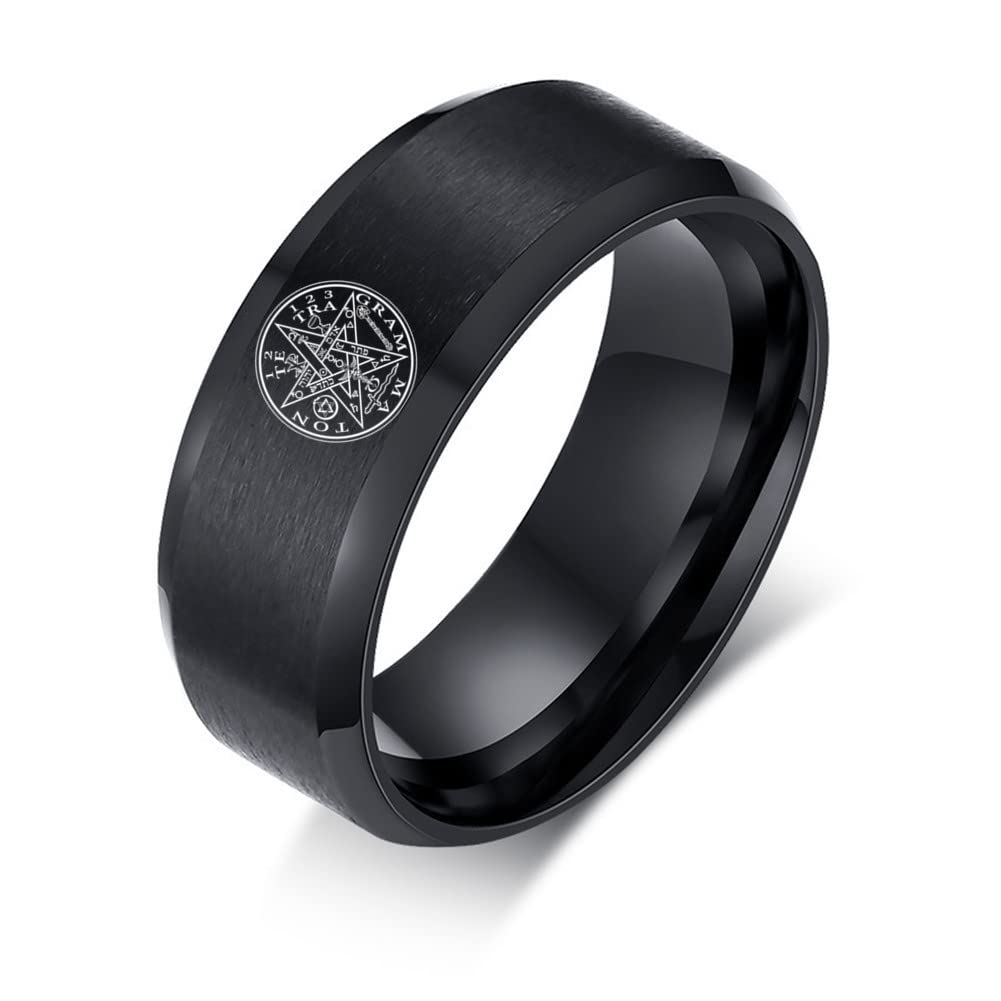 Black Matte Pentagram Pentacle Wiccan Ring - Stainless Steel Occultic Seal of Solomon Tetragrammaton Levi's Pentagra Amulet Finger Ring for Men Women, Size 9