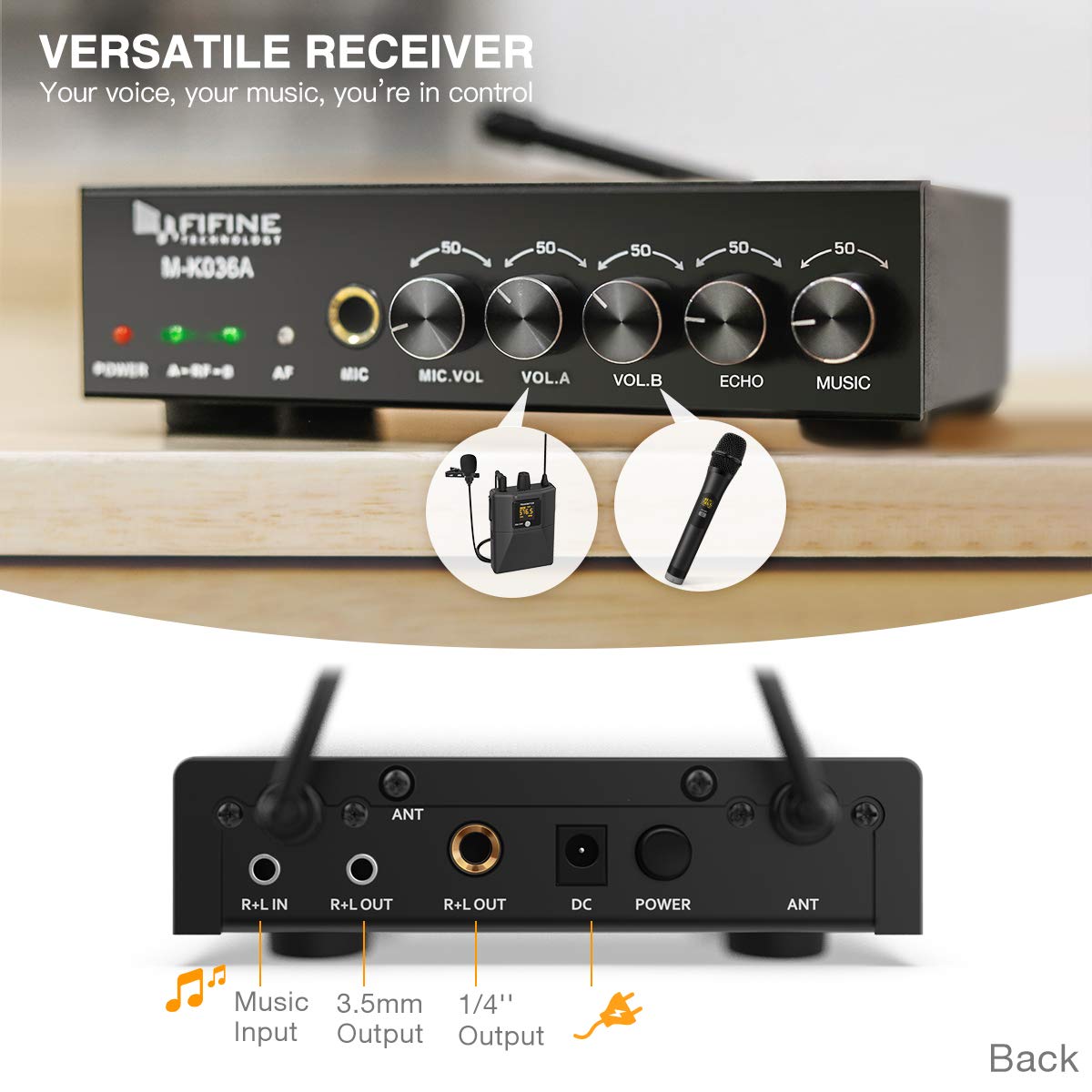 FIFINE Wireless Microphone System, 50 Channels, 3.5mm Jack, Auxiliary