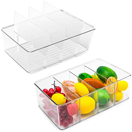 HANSGO Food Storage Organizer Bins, 2PCS Stackable Clear Plastic Organizer Bins with 6 Dividers Removable Pantry Organization and Storage Bins for Cereal Snacks Tea Seasoning