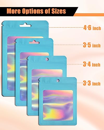 Holographic Bags Packaging Bags 300 PCS Blue Resealable Bags with Clear Window for Food Storage Small Business (Outer Size 3.54x5.31 Inch/Inner Size 3x4 Inch)