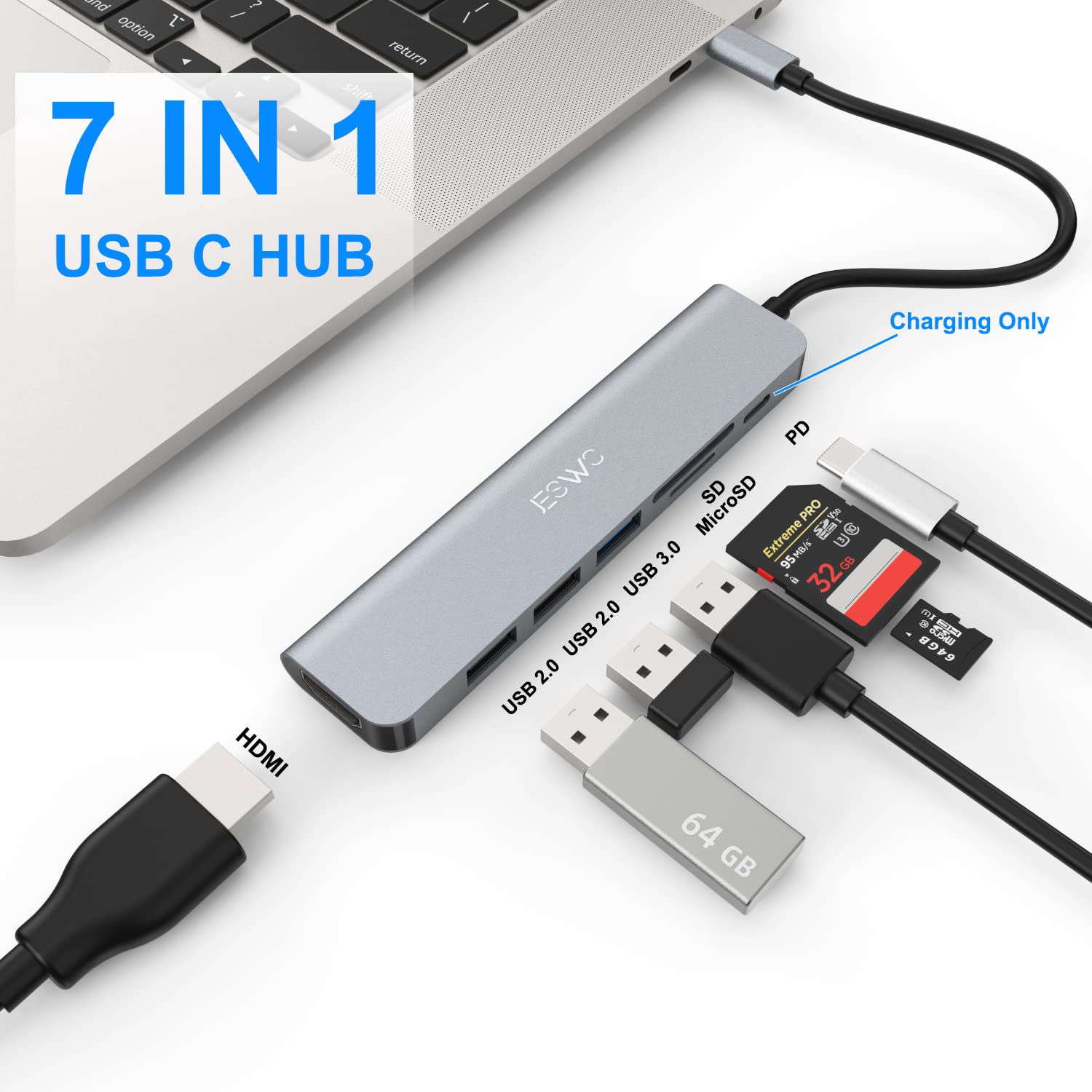 JESWO USB C Hub/Adapter, 7 in 1 with 4K HDMI Output, USB 3.0, 2 USB-A, SD/TF Card Reader, 100W PD, USB C Dongle for MacBook Pro/Air, Dell XPS More Type C Devices
