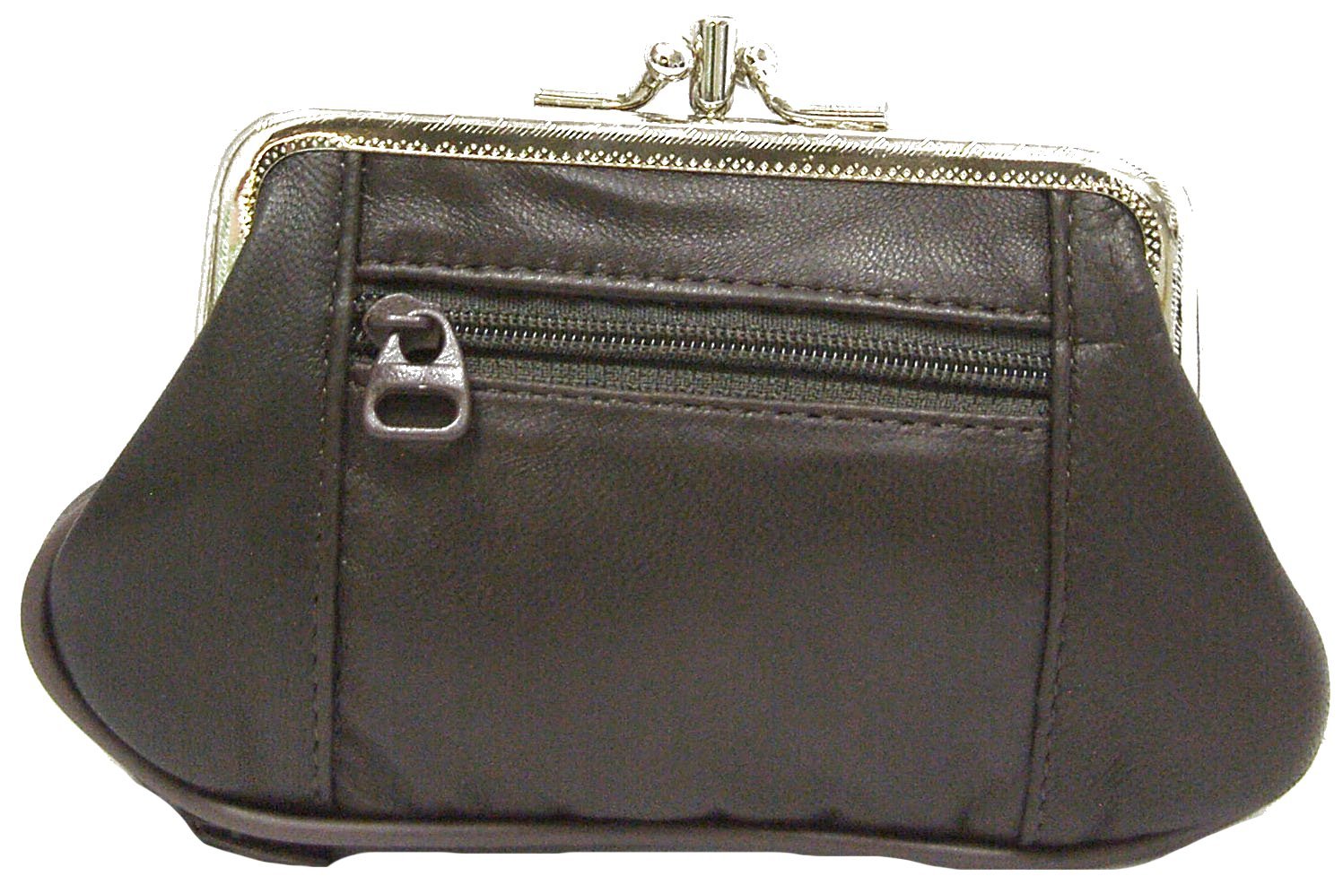 Leather Coin Purse Kiss Lock Framed Mini Wallet Credit Card Holder Case Organizer (Brown)