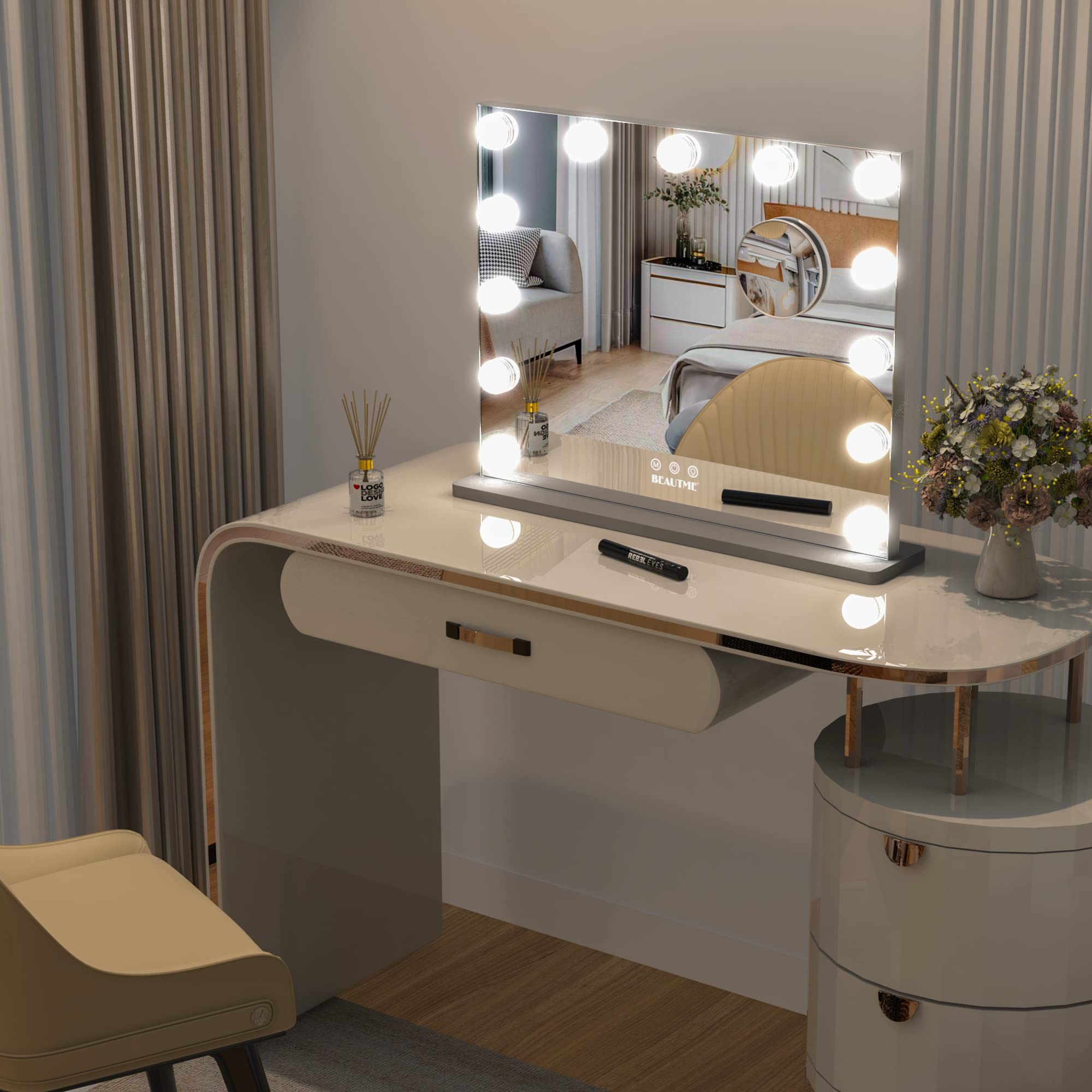 BEAUTME Vanity Mirror Hollywood Mirror with Lights,Led Makeup Mirror with Magnifying Mirror Bedroom Table Mirror/Wall Mounted Mirror Big
