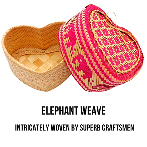 FOREVER 1 β Bamboo Sticky Rice Serving Basket 6.2 x 5.2 Inch, Kratip, Intricately Woven Container, Heart-Shaped, Elephant Weave Pattern, Bright Pink, Thailand Handmade, Dyed with Natural Based