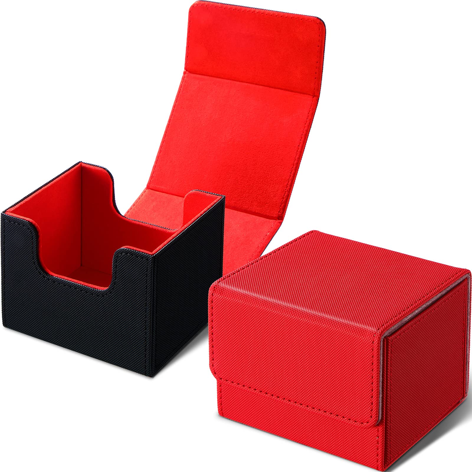 Weewooday 2 Boxes Leather Deck Card Boxes Large Size Fit 100 Plus Sleeved Cards Deck Game Box for Collectible Cards Deck Playing Card Box Compatible with MTG TCG (Black Red, Red, Horizontal)