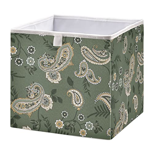 CaTaKu Flower Paisley Green Cubes Storage Bins 11 inch Collapsible Fabric Storage Baskets Shelves Organizer Foldable Decorative Bedroom Storage Boxes for Organizing Home