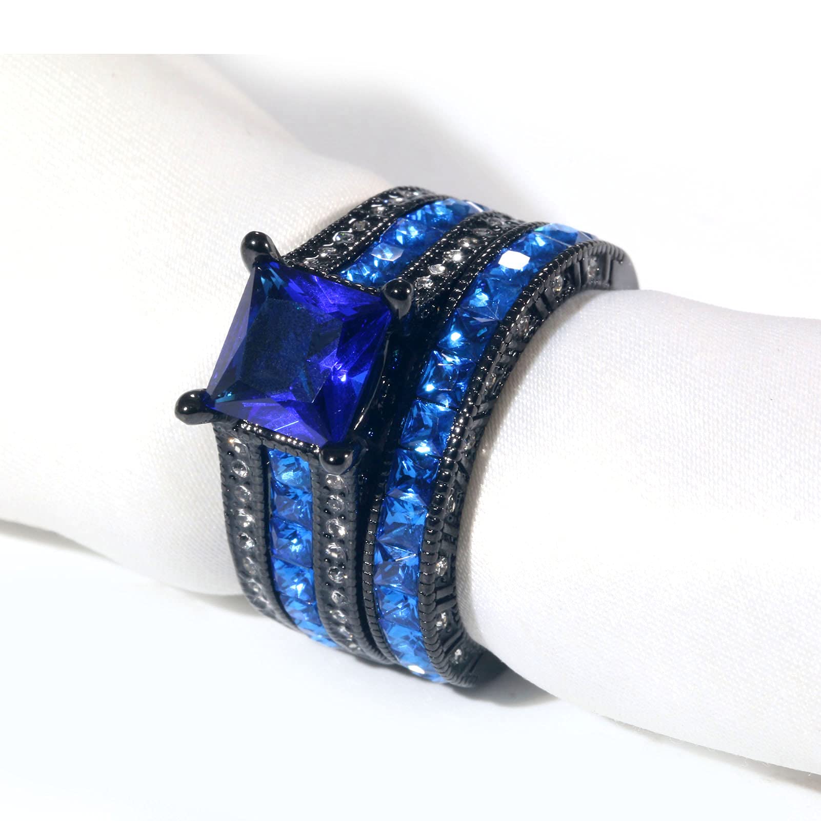 Bridal Sets Luxury Black Gold Plated Womens Wedding Ring Sets Princess cut 8mm Blue Cz Engagement Ring