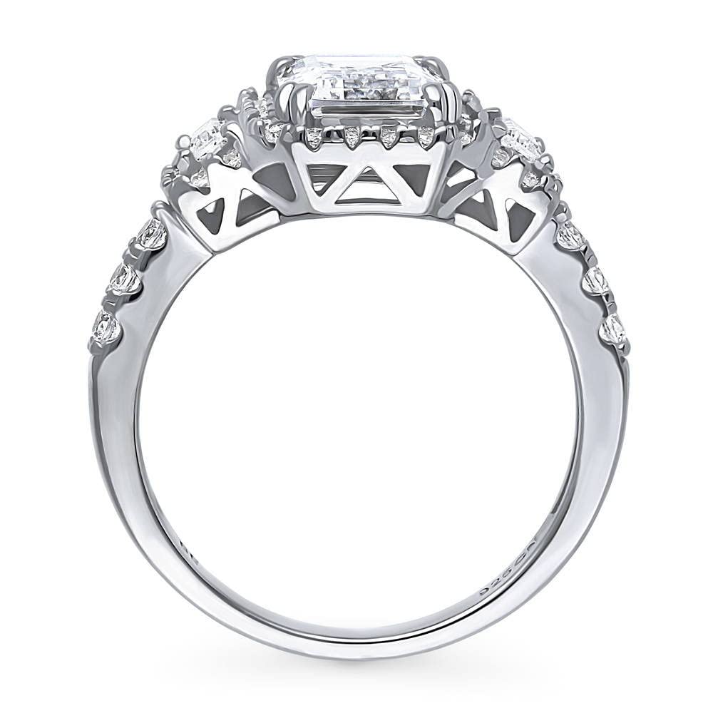 BERRICLE Sterling Silver 3-Stone Wedding Engagement Rings Step Emerald Cut Cubic Zirconia CZ Halo Ring for Women, Rhodium Plated Size 9