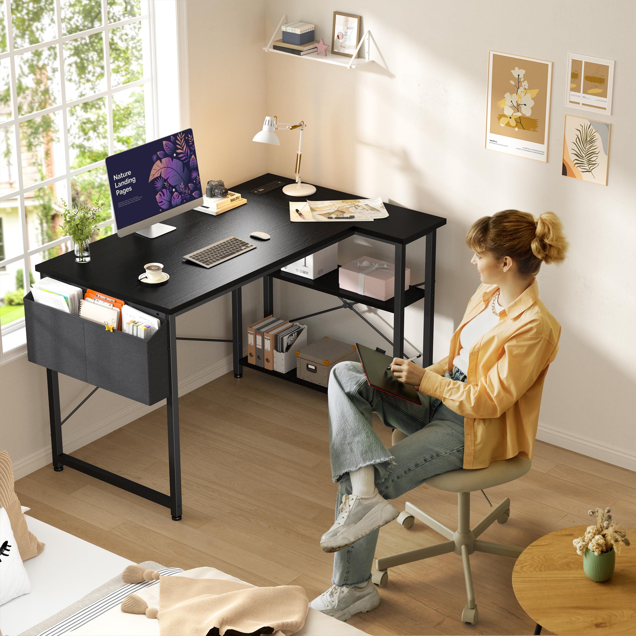 EnHomee L Shaped Computer Desk with File Drawer & Power Outlet, 40" Computer Desk with Storage Bag and Reversible Shelves, Home Office Desk Corner Table for Work, Writing and Study, Black