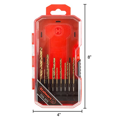 Drill Bit Set, Titanium Finish and High-Speed Steel Build– Straight Shank Twist Bits for Power Drill- 15 Piece Kit with Storage Case by Stalwart