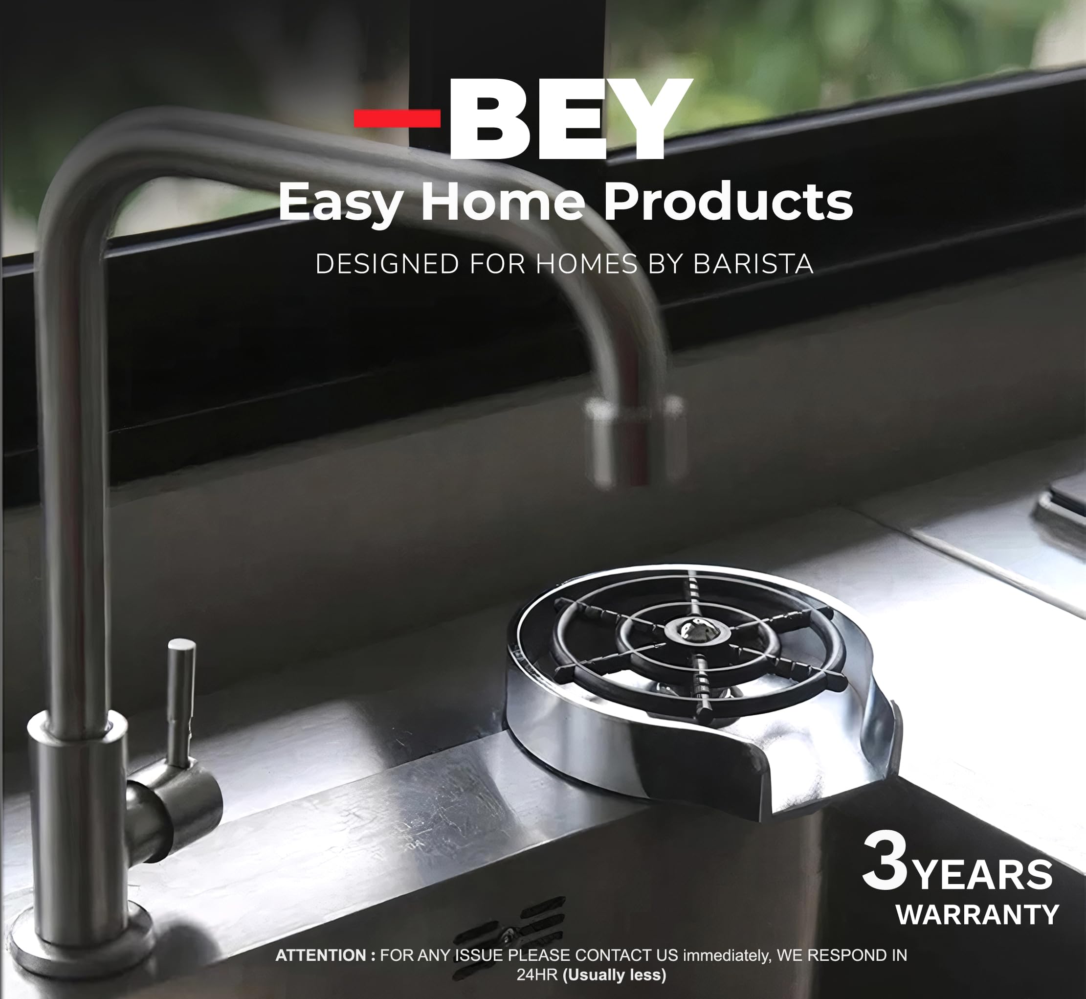 BEY Automatic Glass Rinser - Powerful Cup Washer for Kitchen Sink, Stainless Steel Baby Bottle Cleaner Sinks Attachment, Bar Accessories Spray Metal (Silver Stainless Steel)