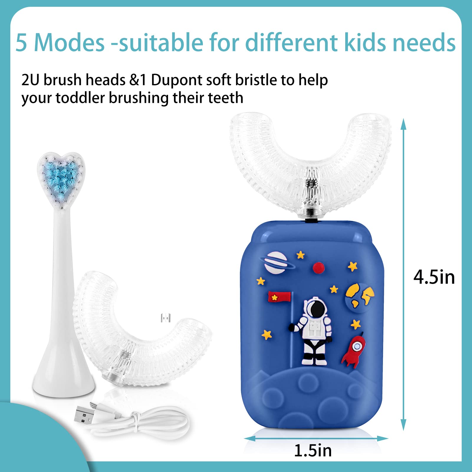 Kids U Shaped Toothbrush, Kids Automatic Toothbrush with 3 Brush Heads, 360 Ultrasonic Automatic Toothbrush Kids with 5 Modes, Ipx7 Waterproof Whole Mouth Toothbrush with Smart Timer