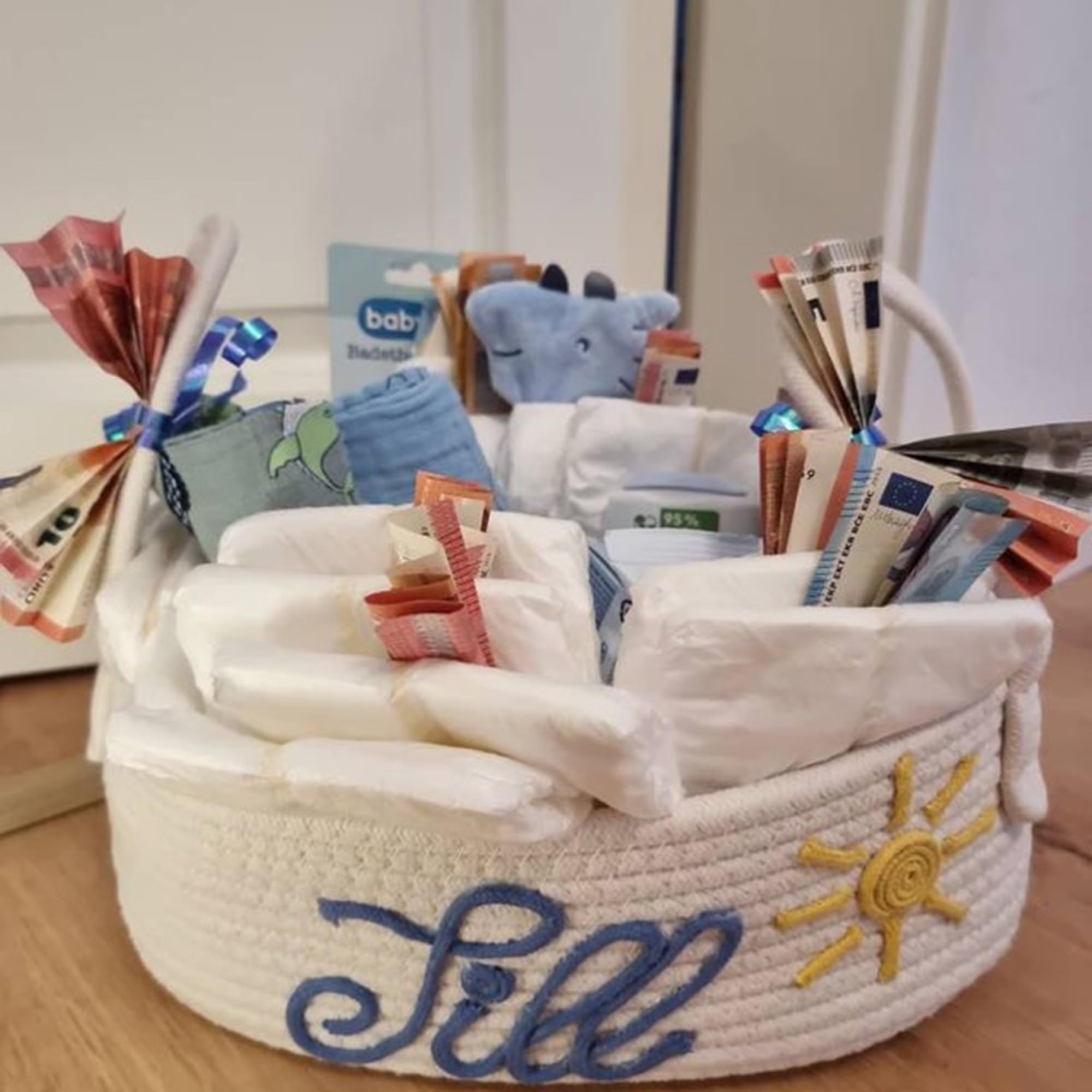 Custom Baby Name Clothes Baskets,Personalized Cute Woven Diaper Basket for newborn,Cotton Round organizer (White)