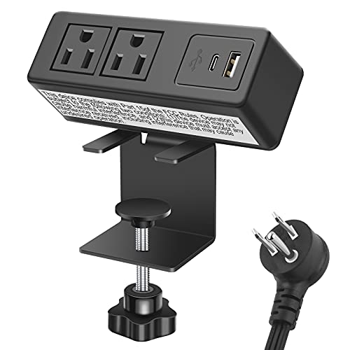 Desk Edge Power Strip with 1 USB 1 USB-C 20W PD Faset Charging Port Removable Clamp Power Outlet Socket 6.5 ft Extension Cord Connect 2 Plugs for Home Office Reading