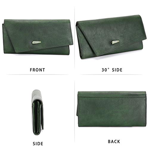 Genuine Leather Wallet RFID Blocking Women Long Purse Vintage Cowhide Handmade Card Holder Organizer (Green)