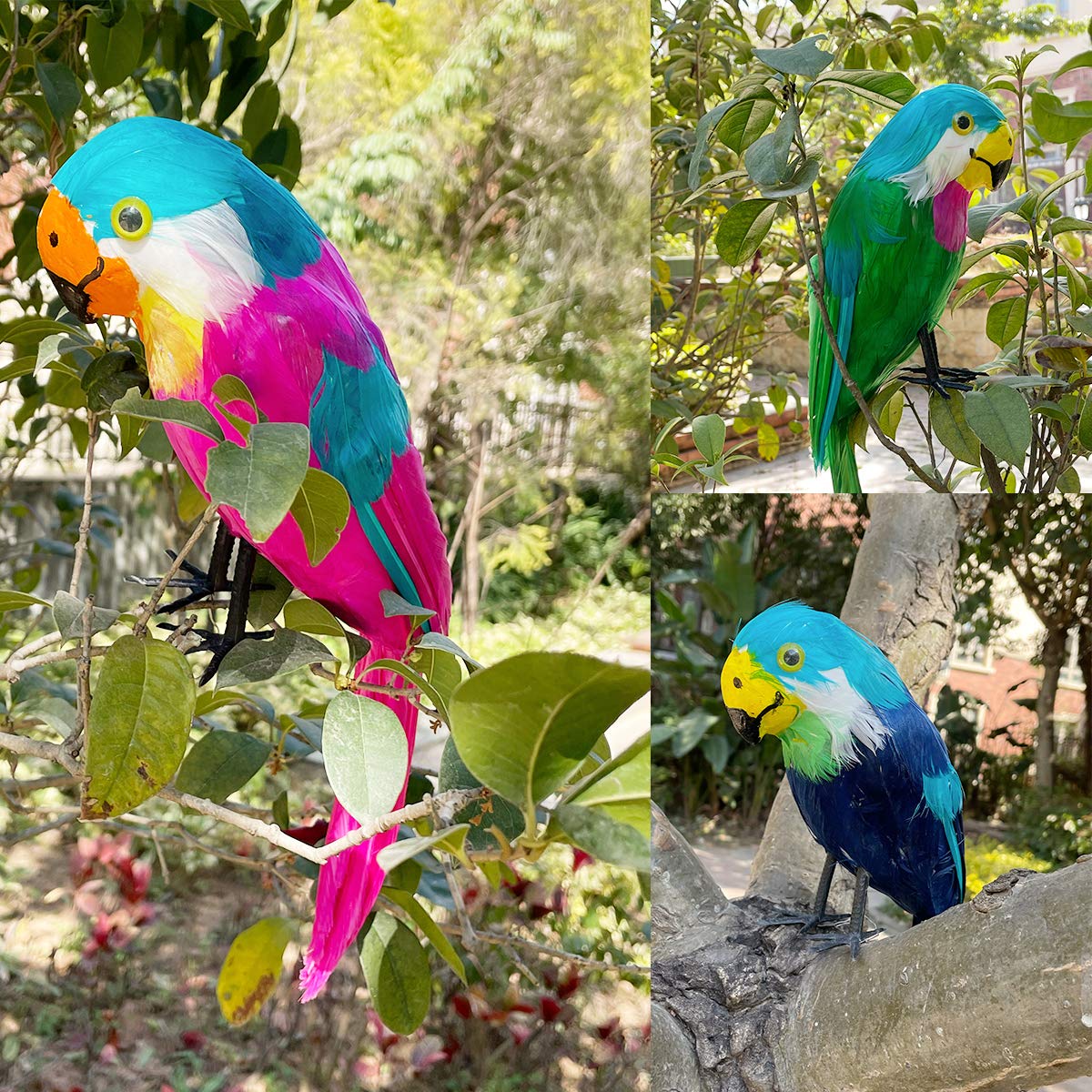 LWINGFLYER 1pcs 14.5" Pink Fake Parrots Artificial Birds Lifelike Feathered Birds for Home Garden Party Crafts Decoration