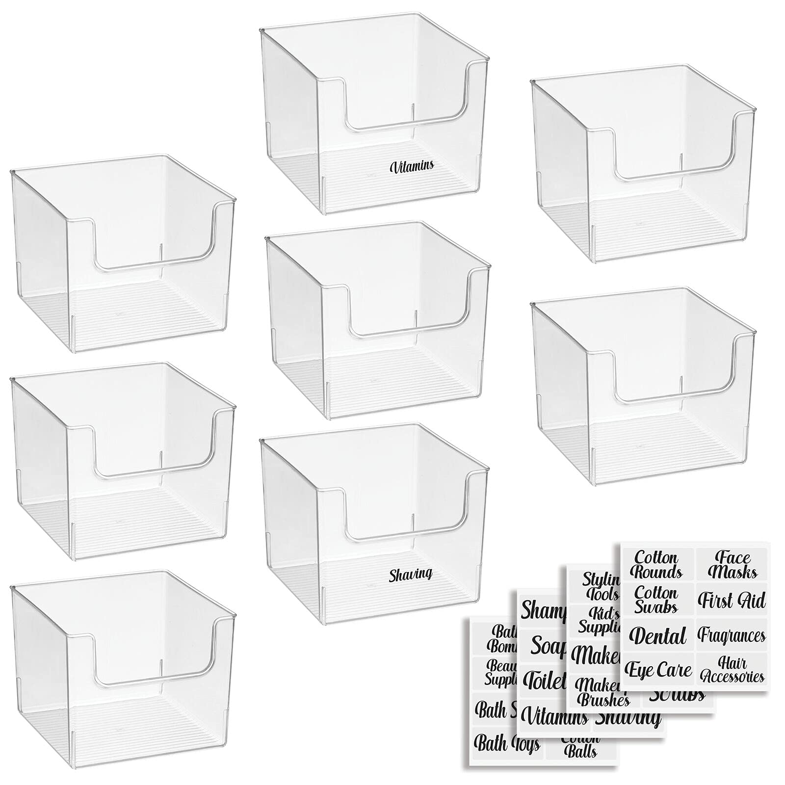 mDesign Deep Plastic Home Storage Organizer Bin - Container for Bathroom - Open Front Design - 8 Bins + 32 Labels - Clear