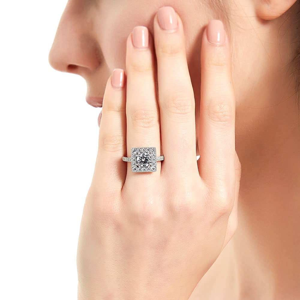 BERRICLE Sterling Silver Halo Wedding Engagement Rings Round Cubic Zirconia CZ Ring for Women, Rhodium Plated Size 7